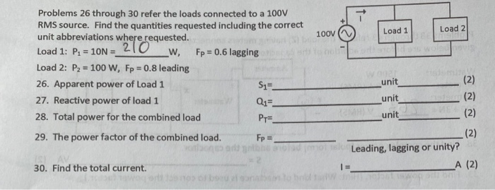 Solved Load 1 100V Load 2 Problems 26 through 30 refer the | Chegg.com