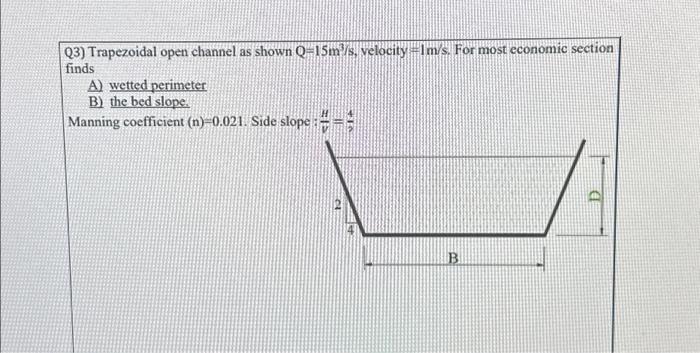 Solved Q3) Trapezoidal open channel as shown Q-15m³/s, | Chegg.com