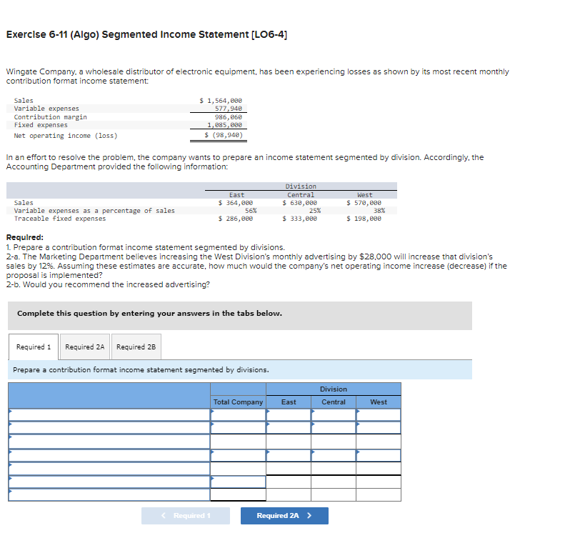 Solved Exerclse 6-11 (Algo) ﻿Segmented Income Statement | Chegg.com