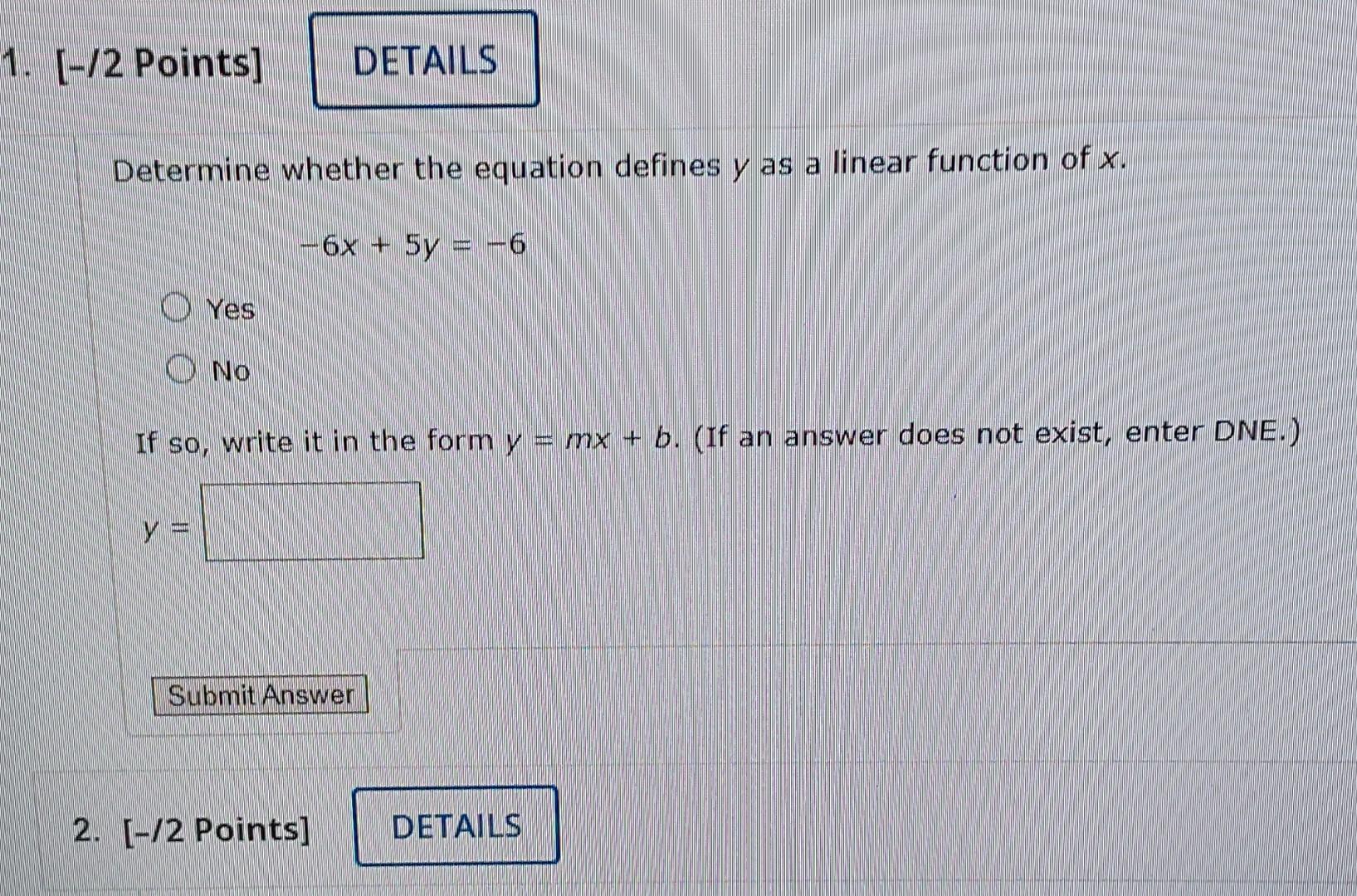 Determine whether the equation defines y as a linear | Chegg.com