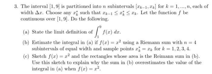 Solved 3. The interval [1,9] is partitioned into n | Chegg.com