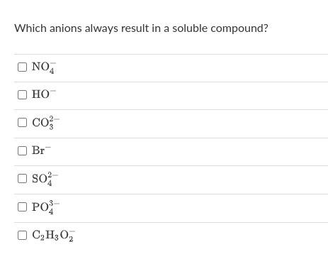 Solved Which anions always result in a soluble compound? | Chegg.com