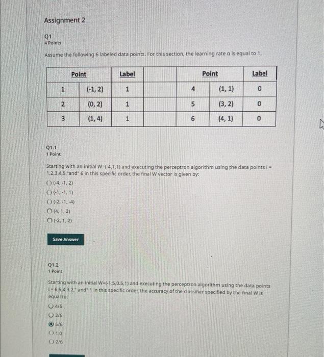 Solved Q1 4 Points Assume the following 6 labeled data | Chegg.com