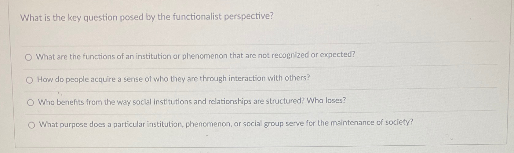 Solved What is the key question posed by the functionalist | Chegg.com