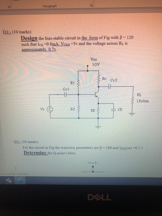 Solved Paragraph 1.- (10 marks) Design the bias-stable | Chegg.com