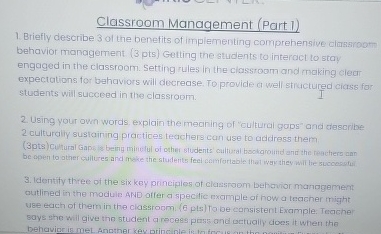 Solved Classroom Management (Part 1)Briefly describe 3 ﻿of | Chegg.com