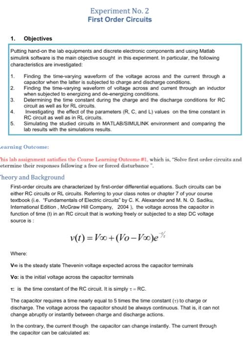 Solved Experiment No. 2 First Order Circuits 1. 1. | Chegg.com
