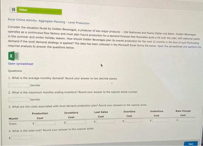 1 Video Excel Online Activity: Aggregate Planning - | Chegg.com