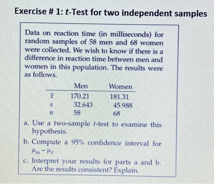Solved Exercise \# 1: t-Test for two independent samples | Chegg.com