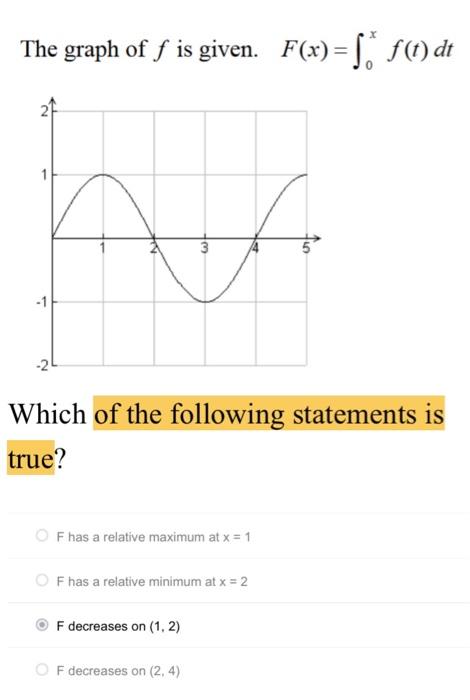Solved The graph of f is given. F(x)=∫0xf(t)dt Which of the | Chegg.com