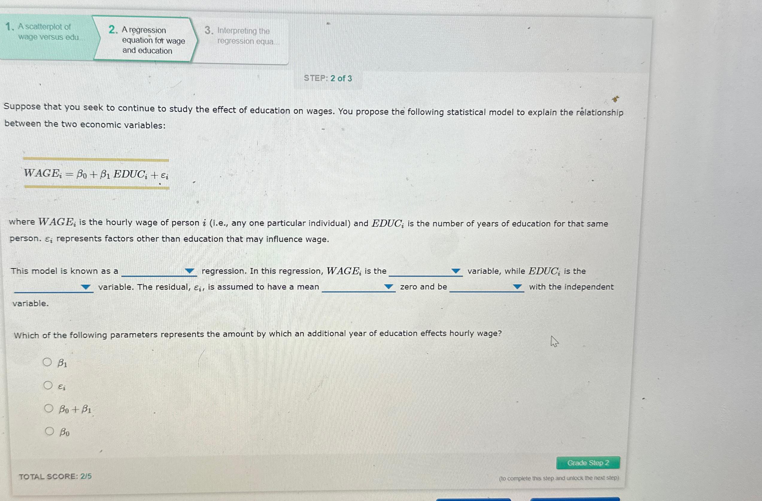 Solved A scatterplot of wage versus eduA regression equation | Chegg.com