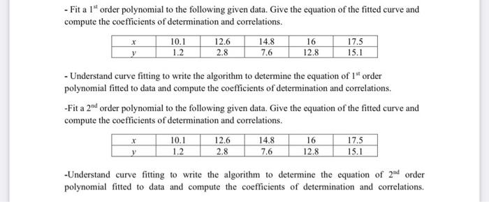 Solved - Fit a 1st order polynomial to the following given | Chegg.com