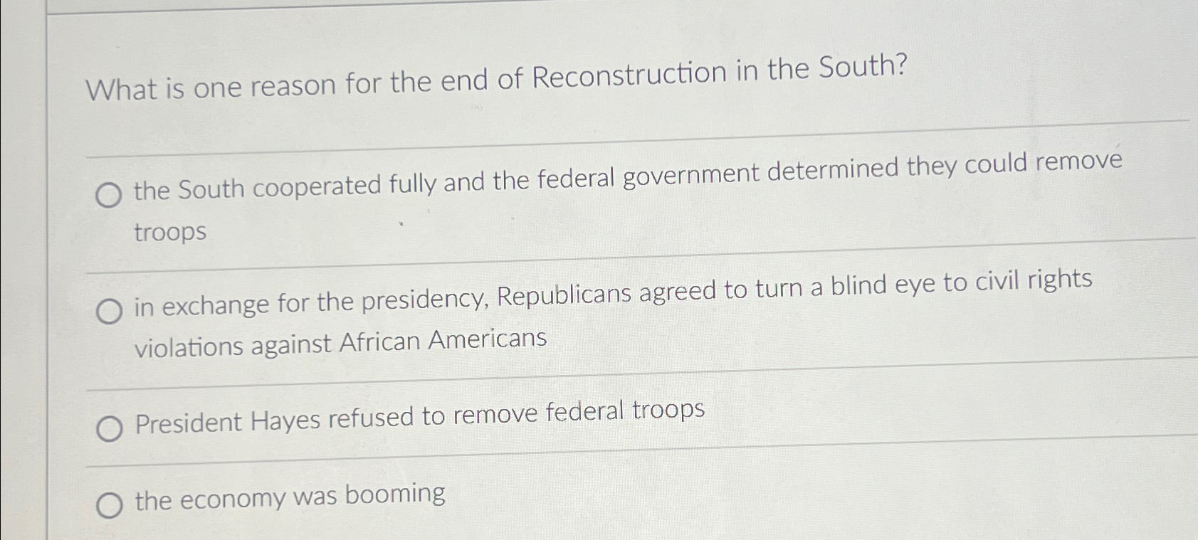 Solved What is one reason for the end of Reconstruction in | Chegg.com