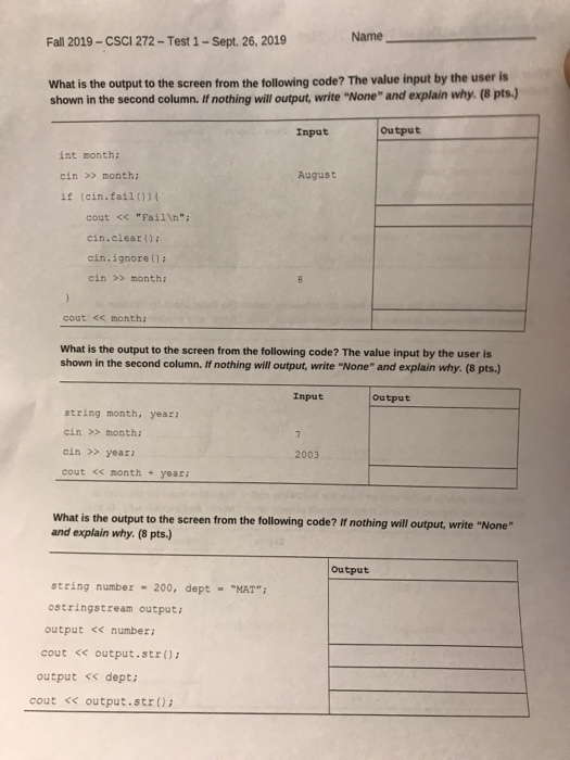 Solved Fall 2019 - CSCI 272 - Test 1 - Sept. 26, 2019 Name | Chegg.com