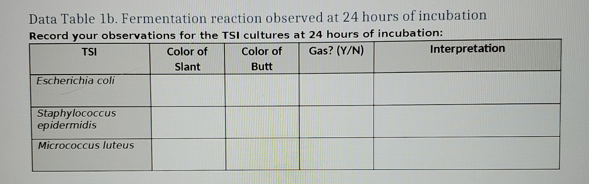 Solved Data Table 1b. ﻿Fermentation reaction observed at 24 | Chegg.com