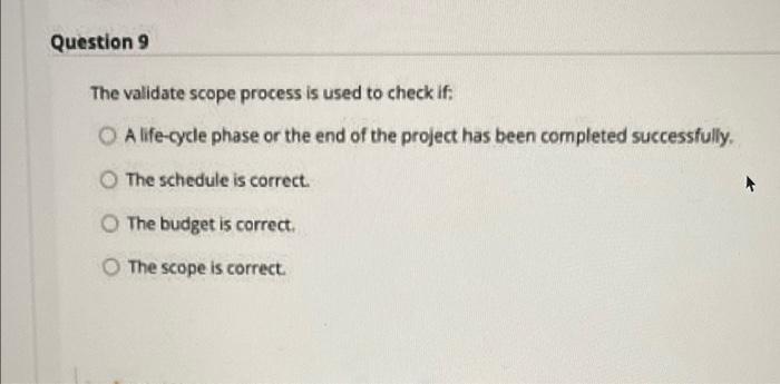 Solved Question 9 The validate scope process is used to | Chegg.com