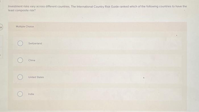 Solved Investment risks vary across different countries. The | Chegg.com