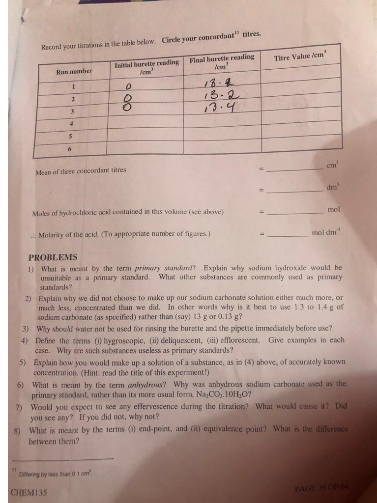 Solved Record your titrations in the table below. Circle | Chegg.com