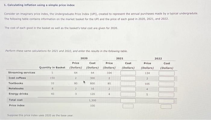 Solved 1. Calculating inflation using a simple price index | Chegg.com