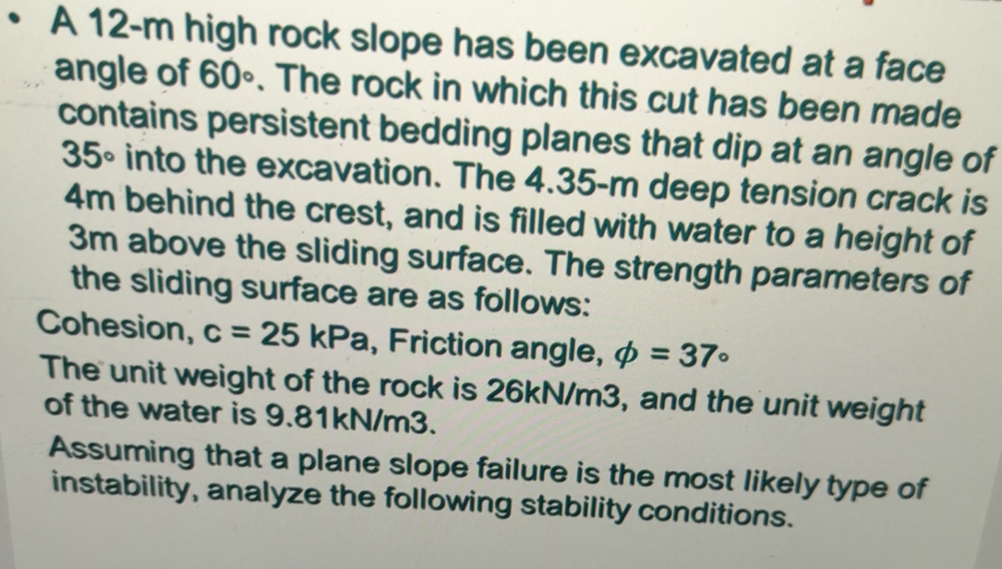 Solved A 12-m high rock slope has been excavated at a face | Chegg.com