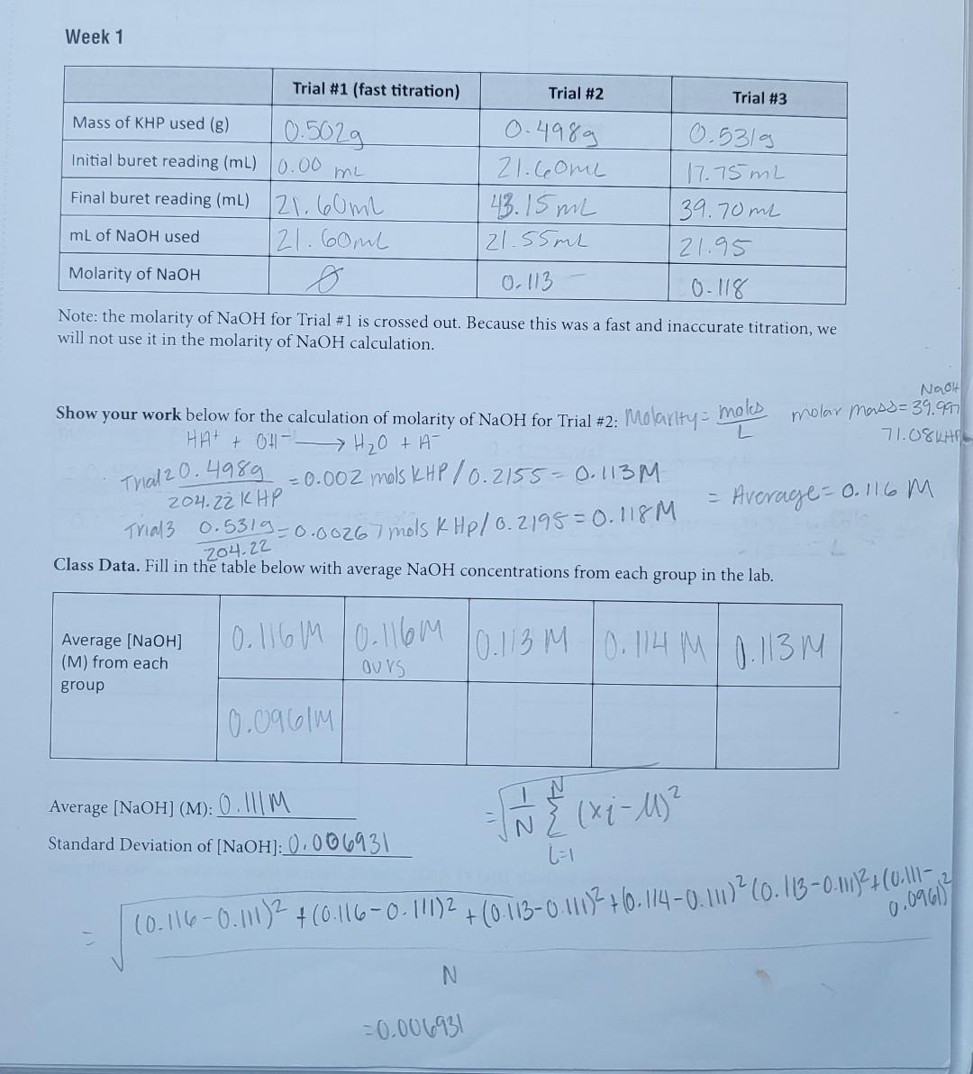 Solved Week 1 Note: the molarity of NaOH for Trial \# 1 is | Chegg.com