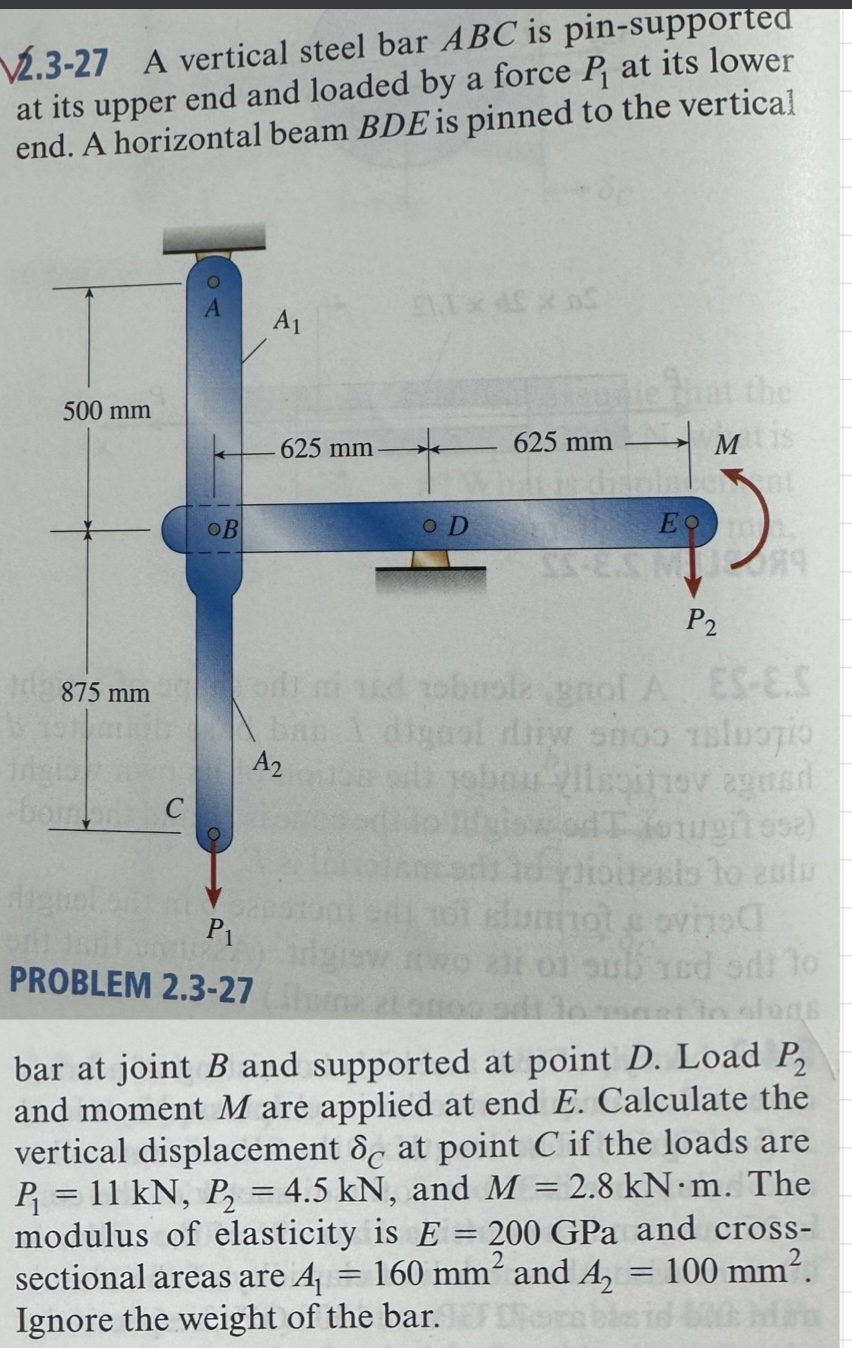 Solved 2.3-27 ﻿A vertical steel bar ABC is pin-supported at | Chegg.com