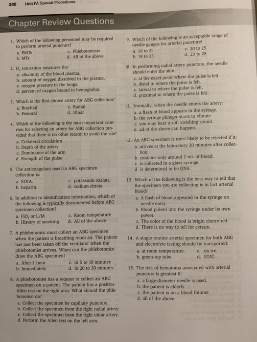 Solved 280 Unit IV: Special Procedures Chapter Review | Chegg.com