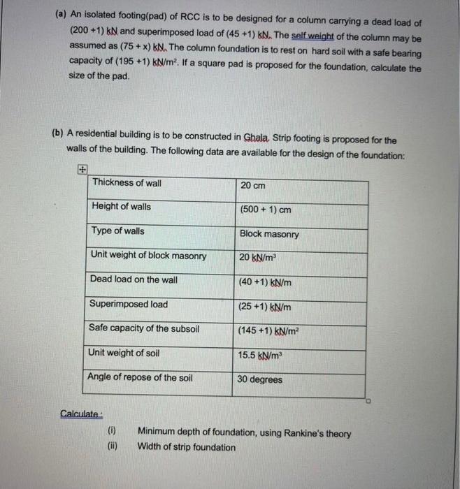 Solved (a) An isolated footing(pad) of RCC is to be designed | Chegg.com