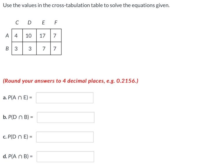 Solved Use the values in the cross-tabulation table to solve | Chegg.com