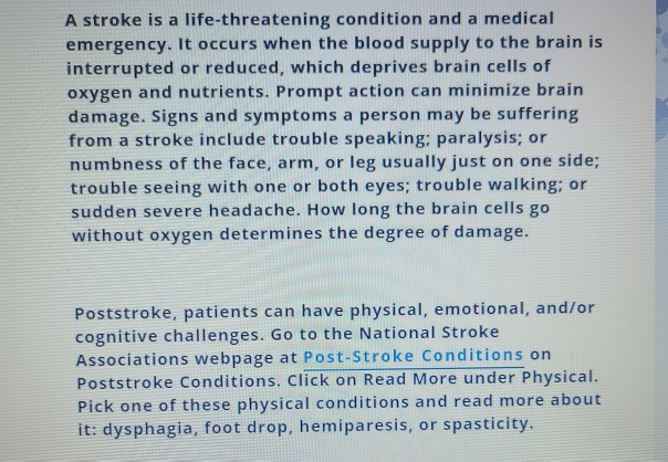 Solved A stroke is a life-threatening condition and a | Chegg.com