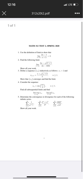 Solved 12:16 LTE x 312s20t2.pdf 1 of 1 MATH 312 TEST 2. | Chegg.com