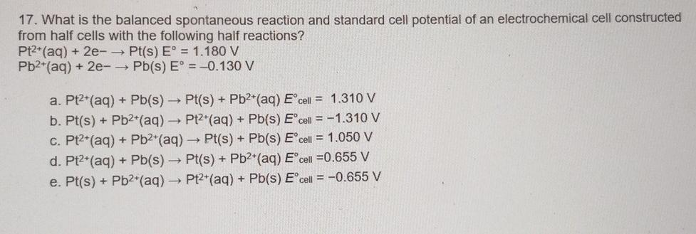 Solved 17. What is the balanced spontaneous reaction and | Chegg.com