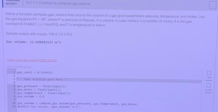 Solved Define a function compute.gas_volume that returns the | Chegg.com