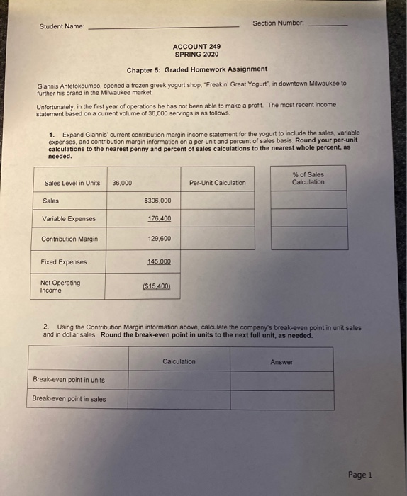 Solved Student Name: Section Number: ACCOUNT 249 SPRING 2020 | Chegg.com