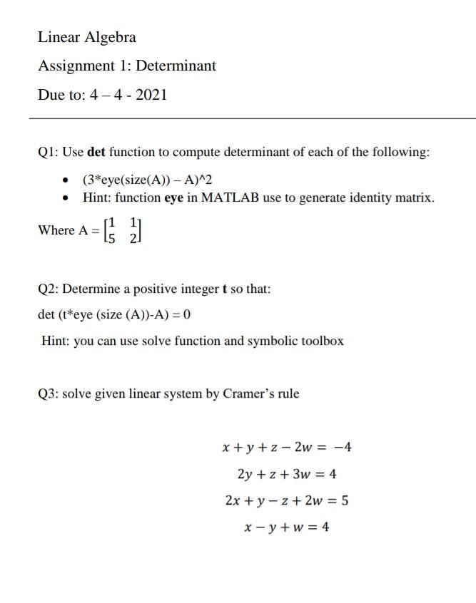 Solved Linear Algebra Assignment 1: Determinant Due to: 4-4 | Chegg.com