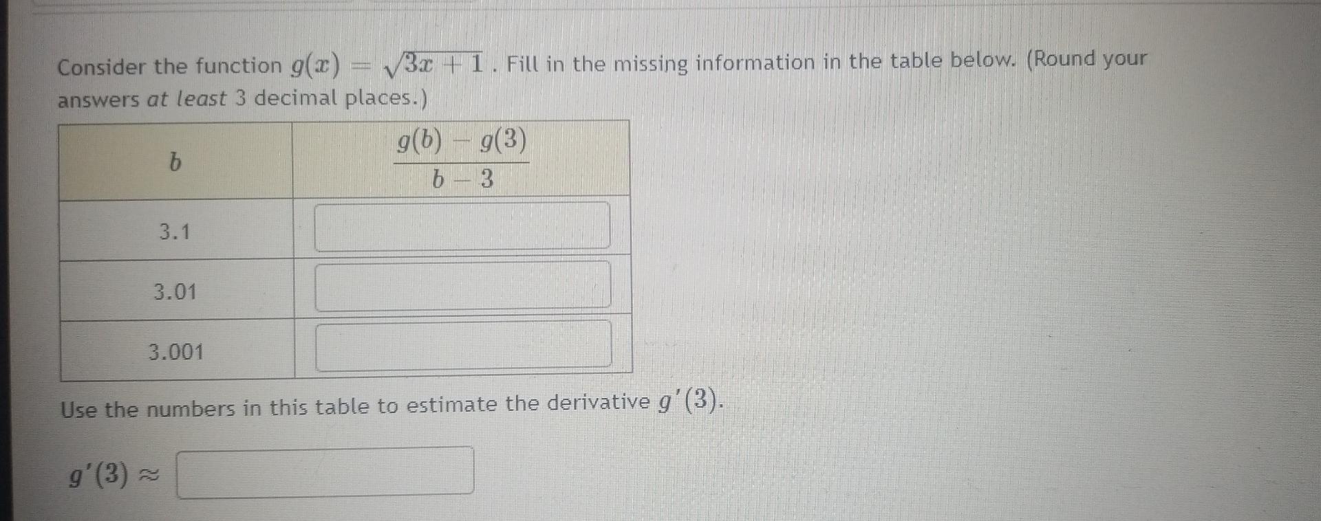 Solved Consider the function g(x)=3x+1. Fill in the missing | Chegg.com