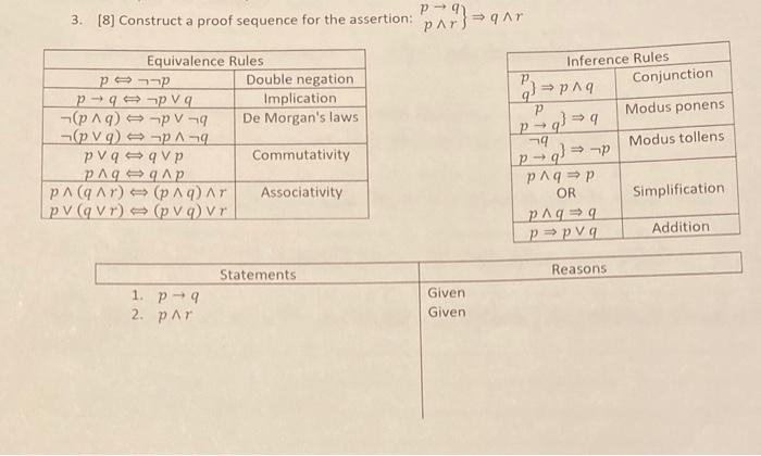Solved 3. [8] Construct a proof sequence for the assertion: | Chegg.com