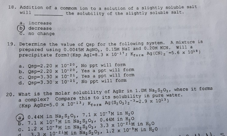 Solved 18. Addition of a commom ion to a solution of a | Chegg.com