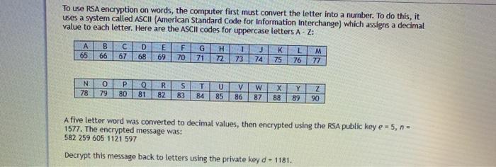 Solved To use RSA encryption on words, the computer first | Chegg.com