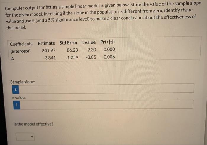 Solved Computer output for fitting a simple linear model is | Chegg.com