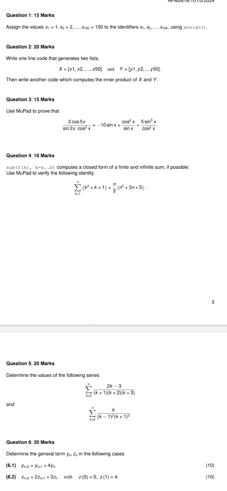 Solved Question 1: 15 ﻿MarksAssign the values | Chegg.com