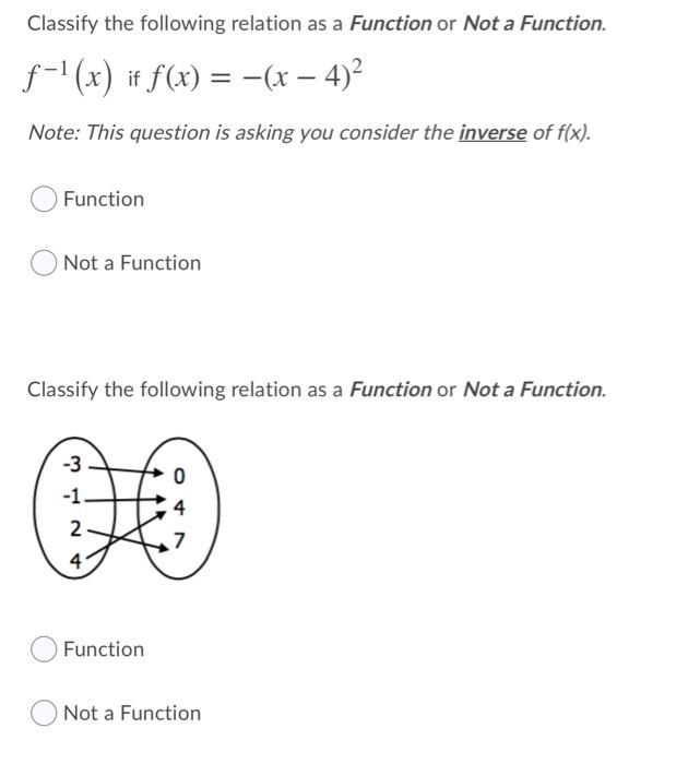 Solved Classify the following relation as a Function or Not | Chegg.com