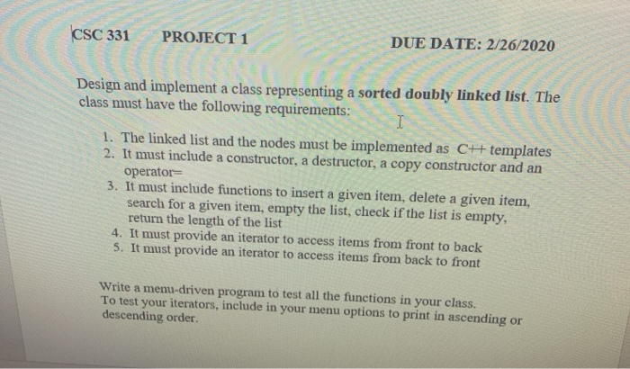 Solved CSC 331 PROJECT 1 DUE DATE: 2/26/2020 Design and | Chegg.com