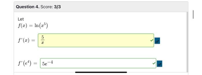 Solved f(x)=ln(x5) f′(x)= f′(e4)= | Chegg.com