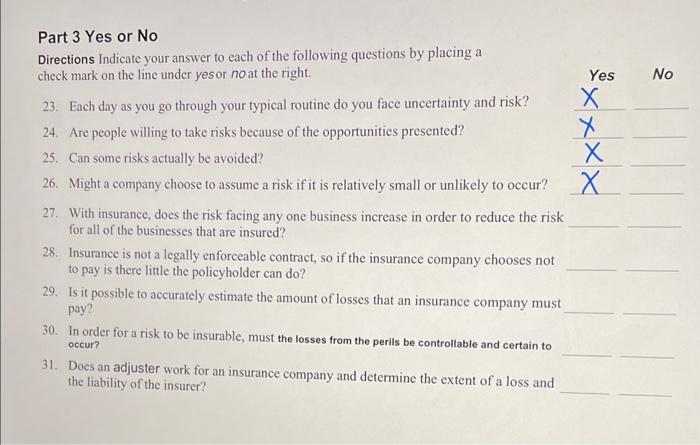 Solved Part 3 Yes or No Directions Indicate your answer to | Chegg.com