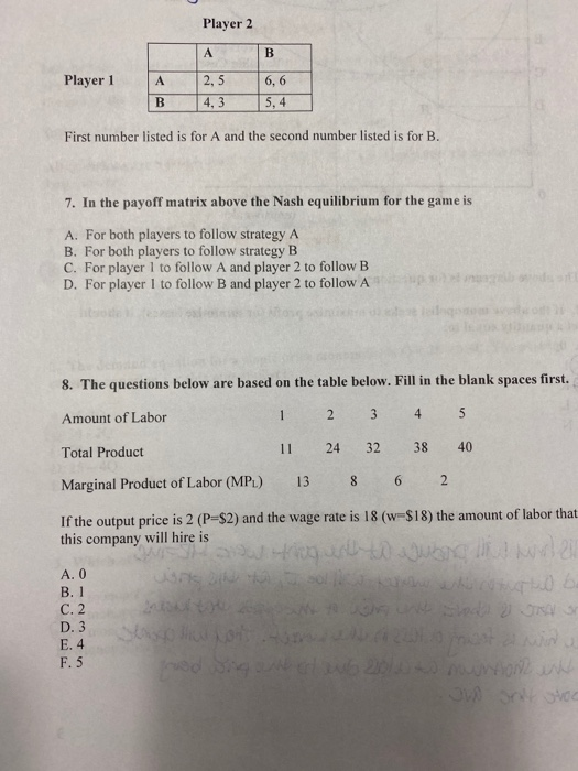 Solved Player 2 2,5 Player 1 6, 6 4, 3 5, 4 First number | Chegg.com