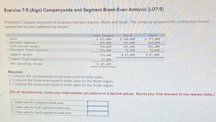 Solved Exercise 7-5 (Algo) Companywide and Segment | Chegg.com