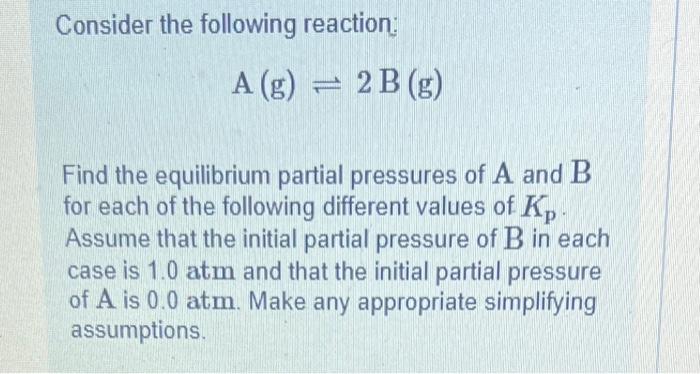 Solved Consider the following reaction: A(g)⇌2 B( g) Find | Chegg.com