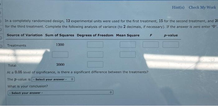 Solved Hint(s) Check My Work In a completely randomized | Chegg.com