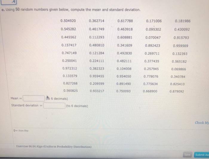 Solved e. Using 50 random numbers given below, compute the | Chegg.com